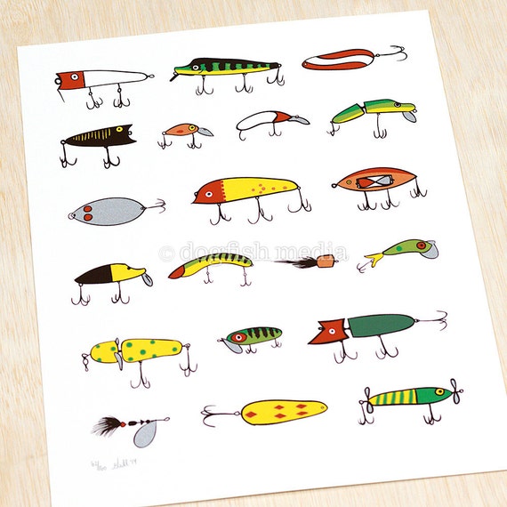 11 x 14 Fishing Lures Screen Print Poster by dogfishmedia on Etsy