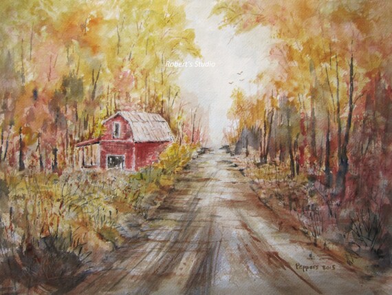 Watercolor Landscape Painting print country landscape fall