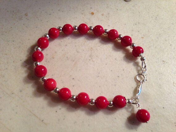 Red Bracelet - Coral Gemstone Jewelry - Sterling Silver Jewellery - Beaded