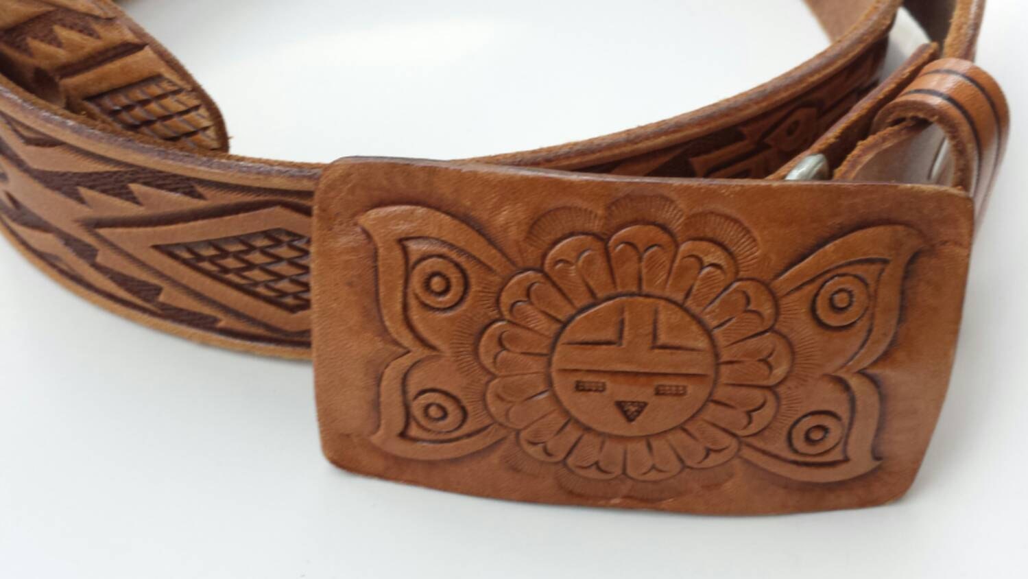Native American Hand Tooled Leather belt / fits waist 34-36 Sz