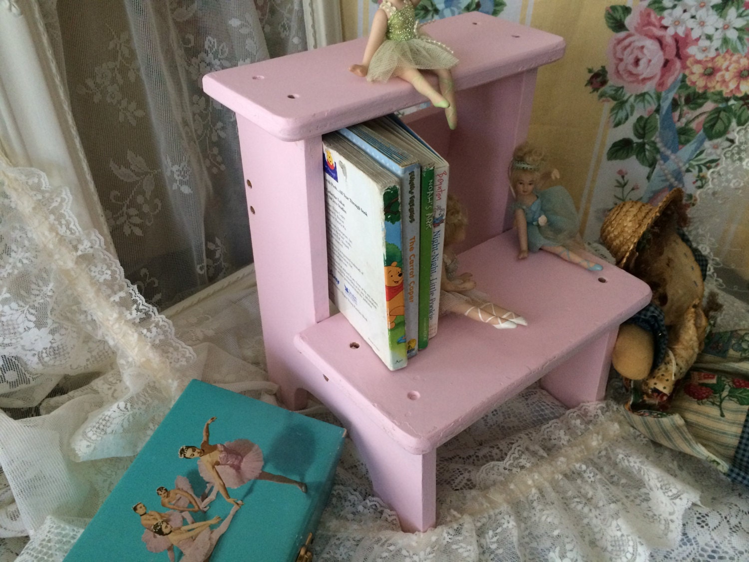 Shabby pink stepstool – painted pink stepstool – Cottage Chic – Nursery ...
