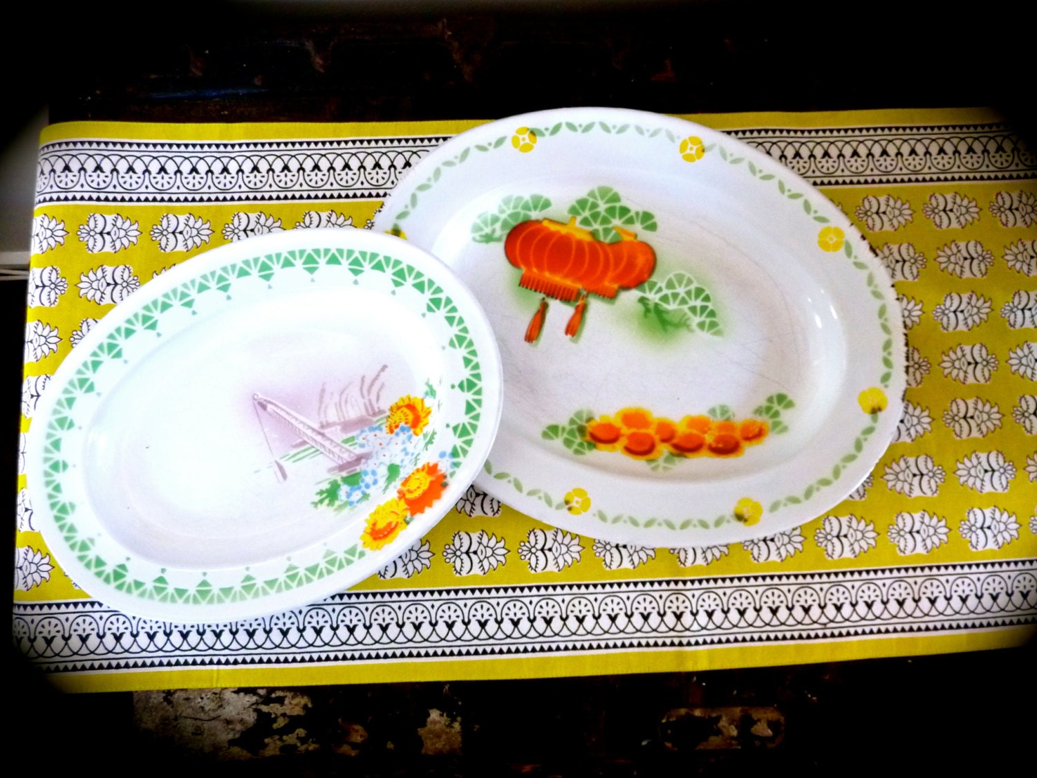 Two Vintage 1960’s Large Enamel Oval Serving Plates, Shabby Chippy ...