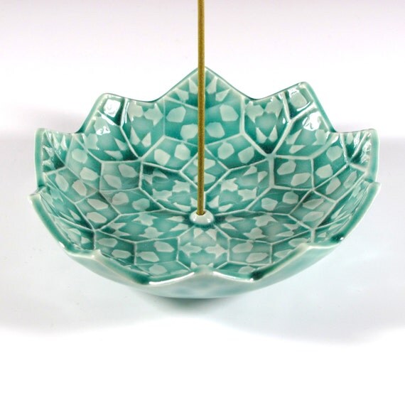 Lotus Blossom Incense Burner, Emerald Green, Heart Chakra Meditation Aid