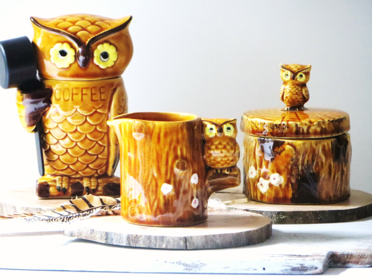 retro ceramic owl coffee, creamer and sugar set, three piece owl ...