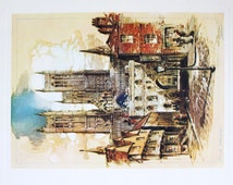 LINCOLN CATHEDRAL ETCHING Color Art Print England Gothic Vintage by Al ...