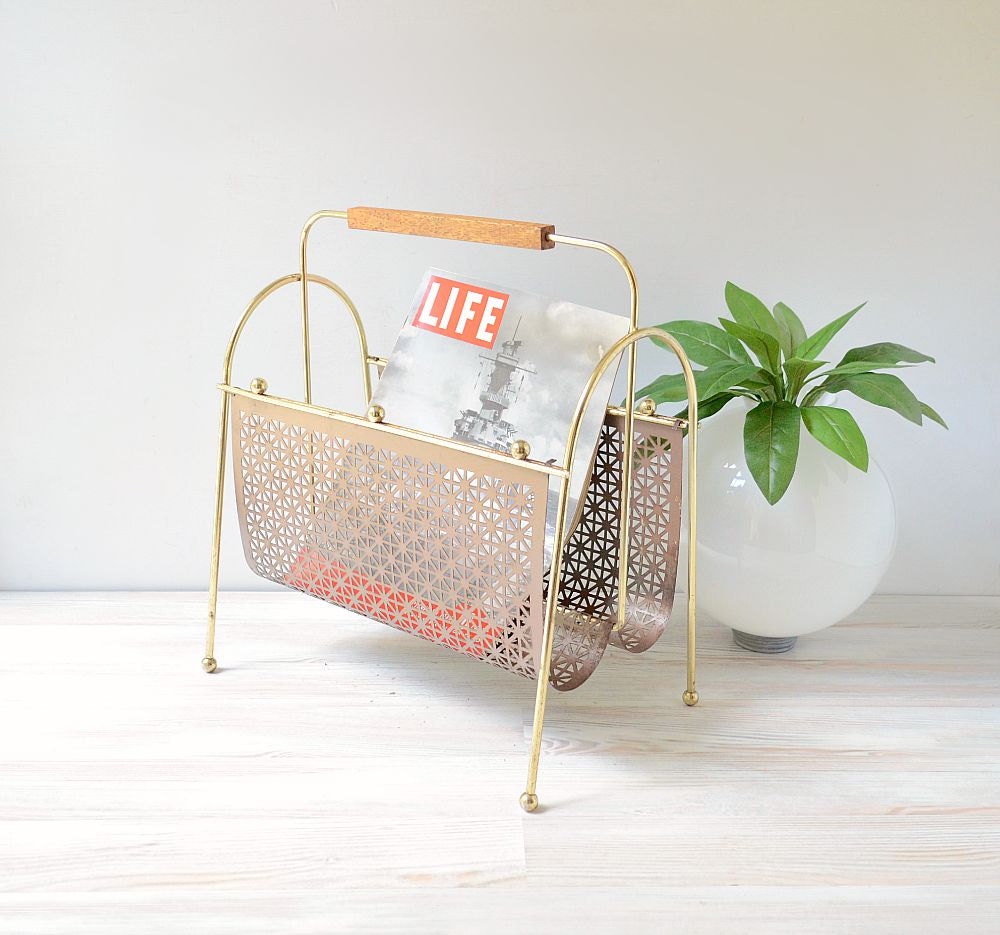 Vintage magazine rack; gold wire and mesh magazine holder – Haute Juice