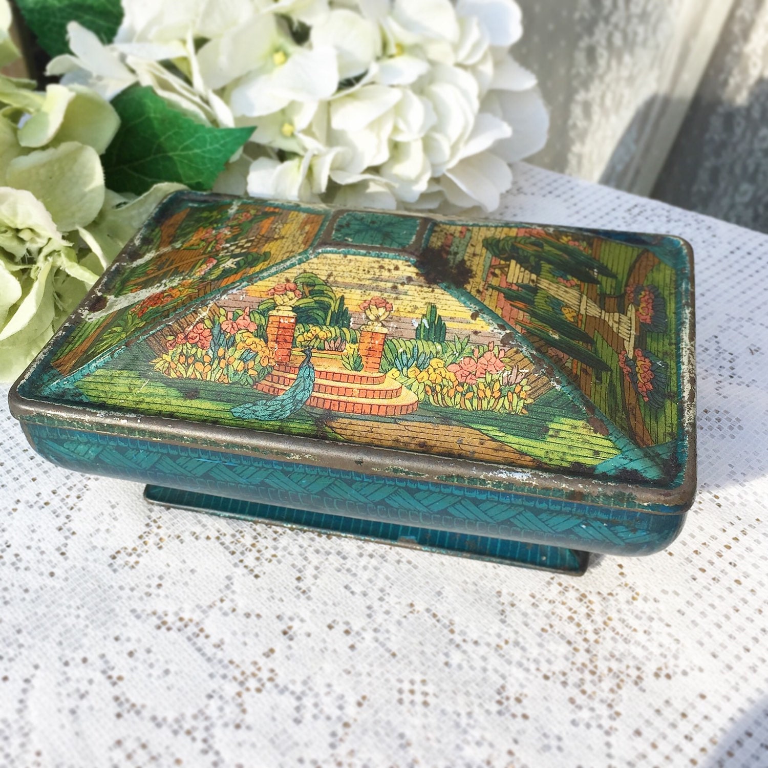 Antique 1920’s Art Deco Peacock pagoda, Rowntree Candy Tin, pedestal ...