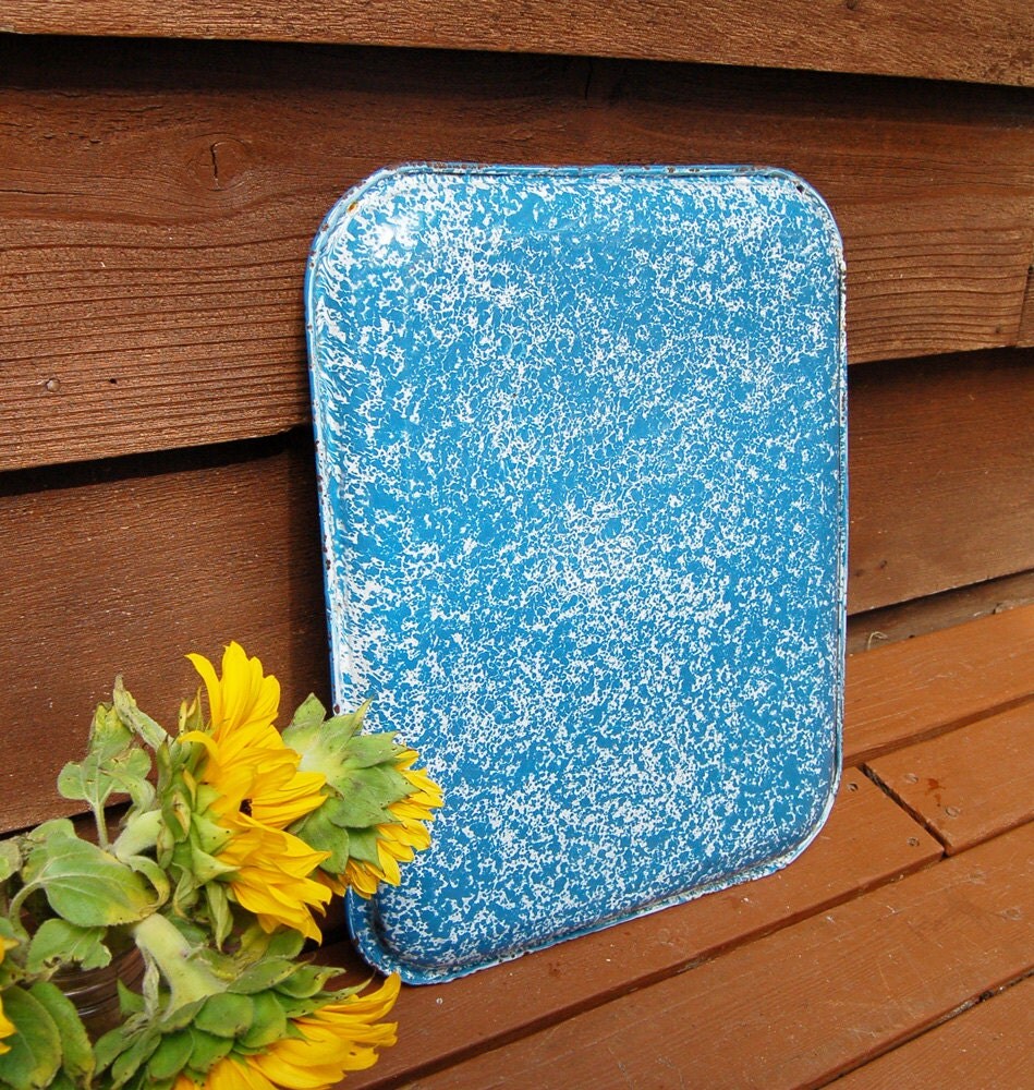 Blue & White Marbled Enamelware Tray, Vintage Rectangular Spatterware ...