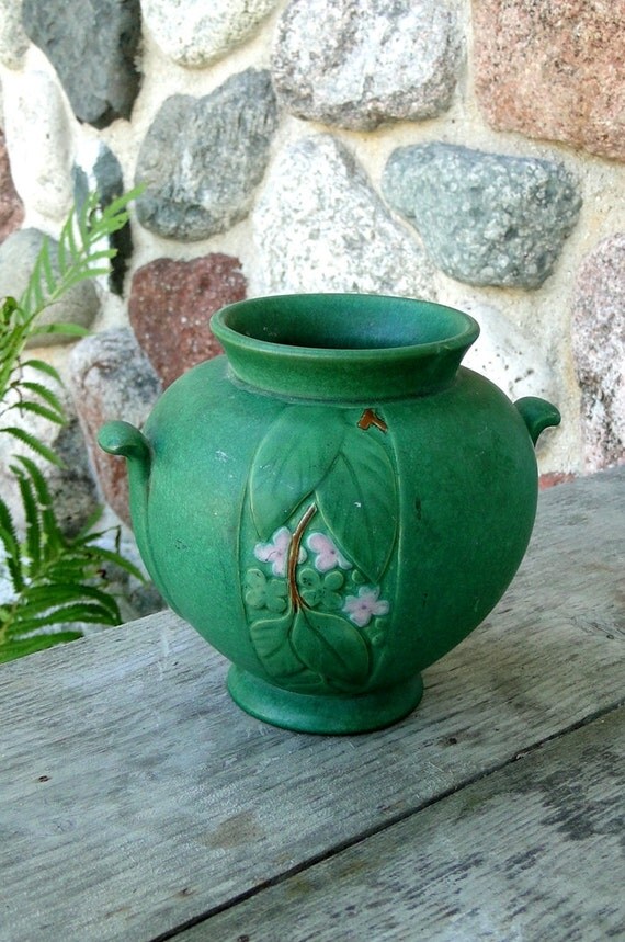Signed Weller Pottery VELVA Pattern Vase in Matt Green-Vintage