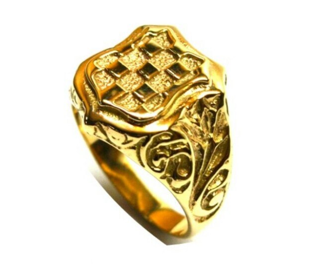 Mens Checkered Shield Ring, 9K Gold, Fancy Scrolls, Size W, 8.60 Grams ...