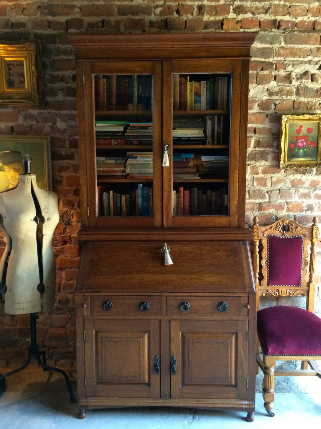 Antique Writing Bureau, Bookcase, Shabby Chic Solid Oak Continental ...