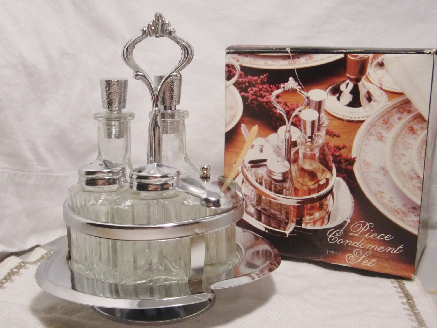 Vintage Glass Silver 7 Piece Condiment Set for Tabletop/Holidays ...