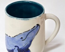 Wheel Thrown Porcelain Mug Hand Painted with One Humpback Whale