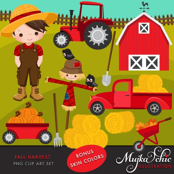 Farm clipart Fall Harvest. Cute farmer characters, tractor, red barn ...