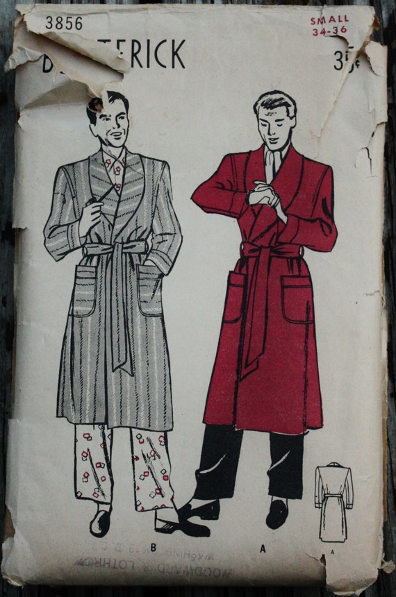 Butterick 3856 1940s 40s Men's Robe Smoking Jacket Vintage