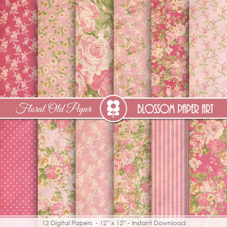 Pink Floral Digital Paper Shabby Chic Digital Paper Pack