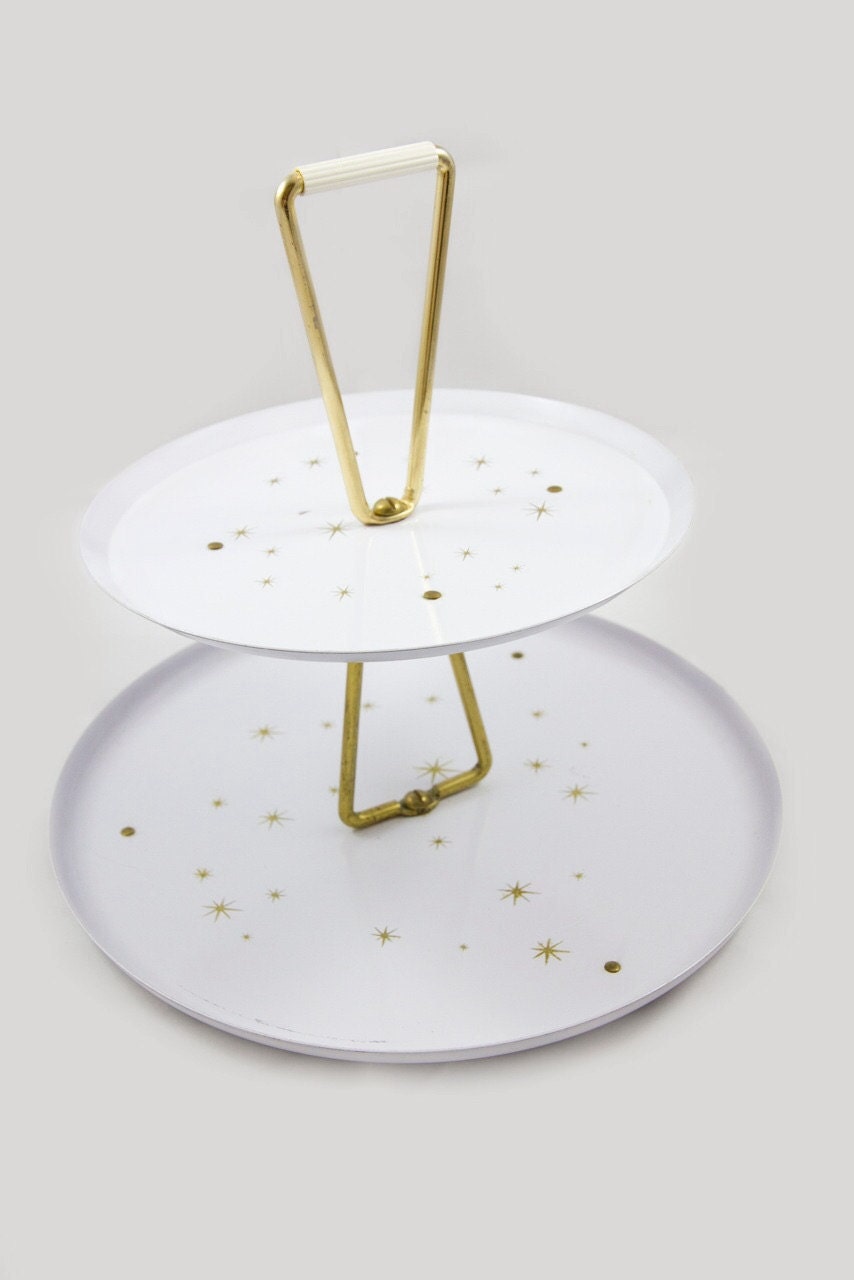 Starburst Metal Dainty Tray, 1960s Two Tier White with Gold Starbursts ...