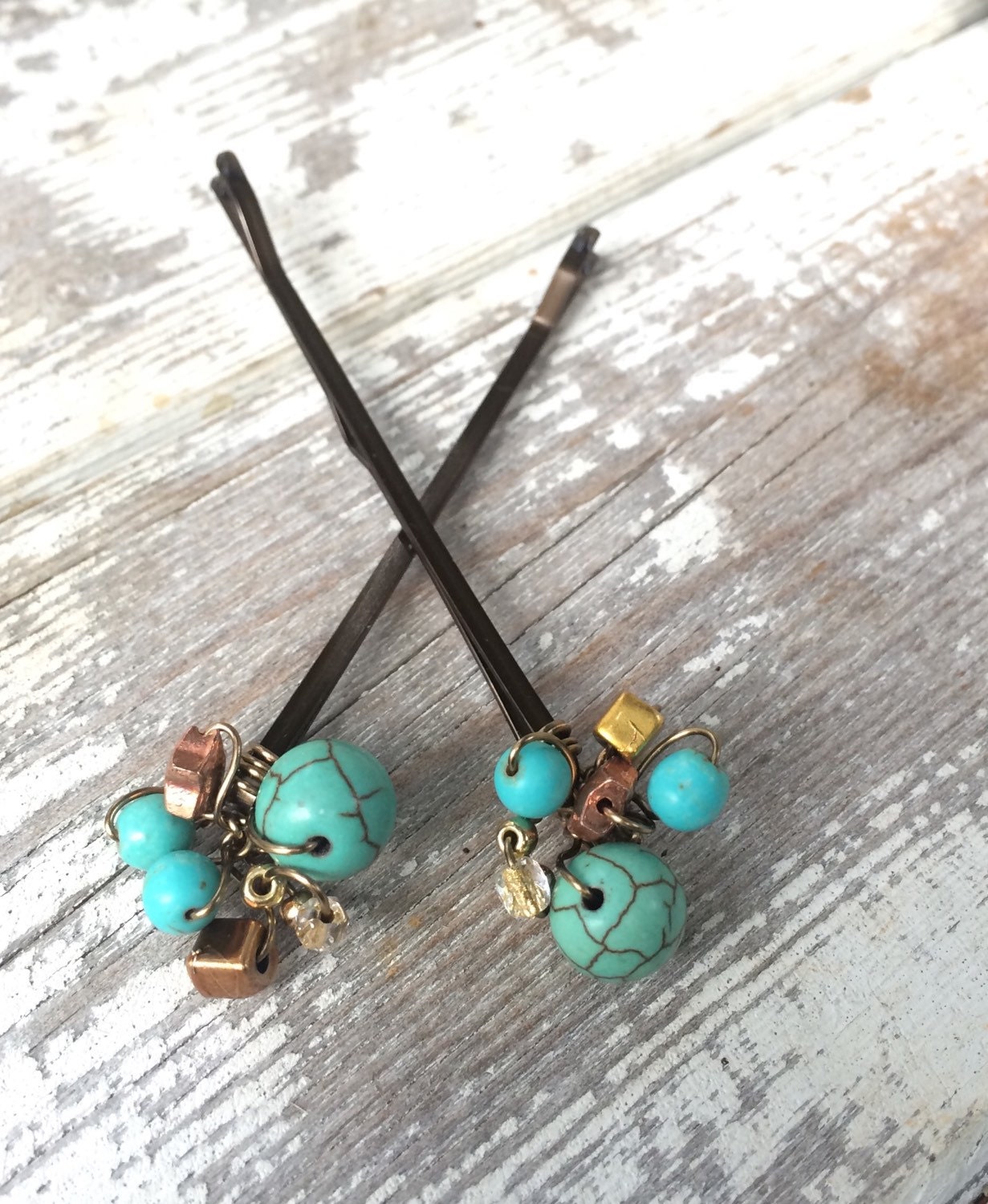 Copper and turquoise beaded bobby pins long bohemian hair pins