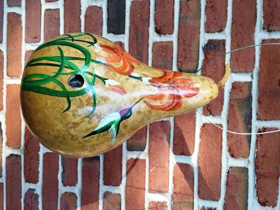 Handpainted Gourd Birdhouse with Hummingbirds and Lilies