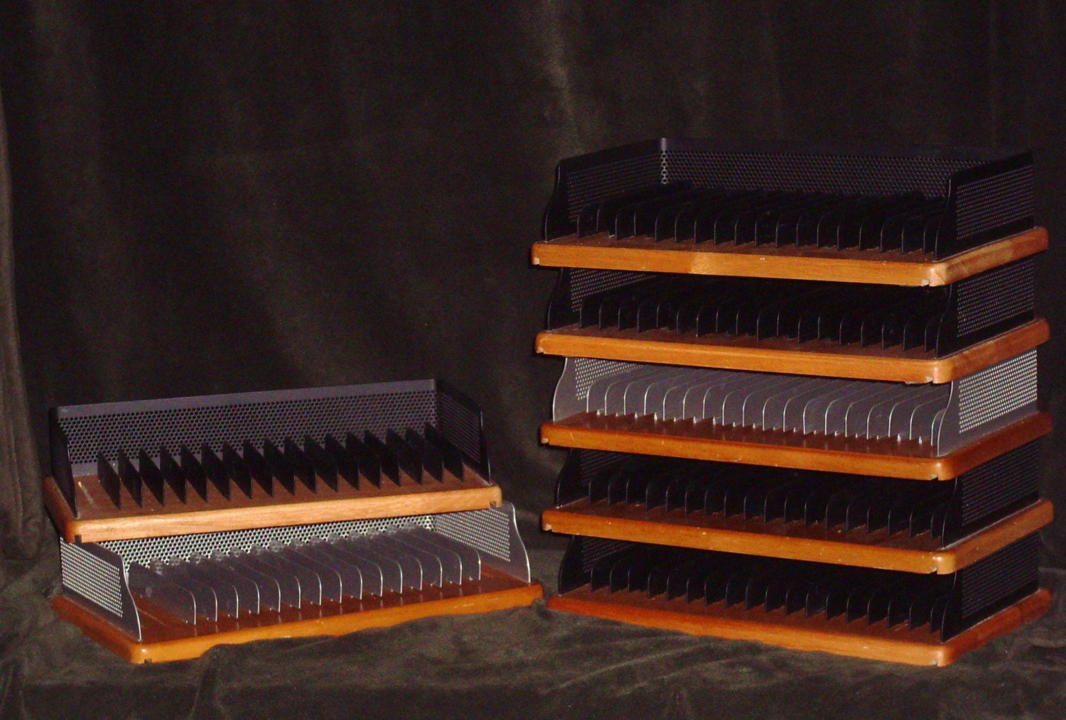 Vintage Set of 7 Wood & Black and Silver Metal CD Holders, CD Stands ...