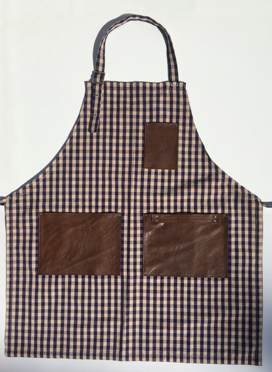 Checkered Denim Apron and Brown Leather