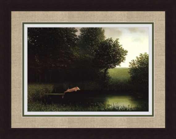 Diving Pig Animal Pig lake jumping art Triple Mat FRAMED