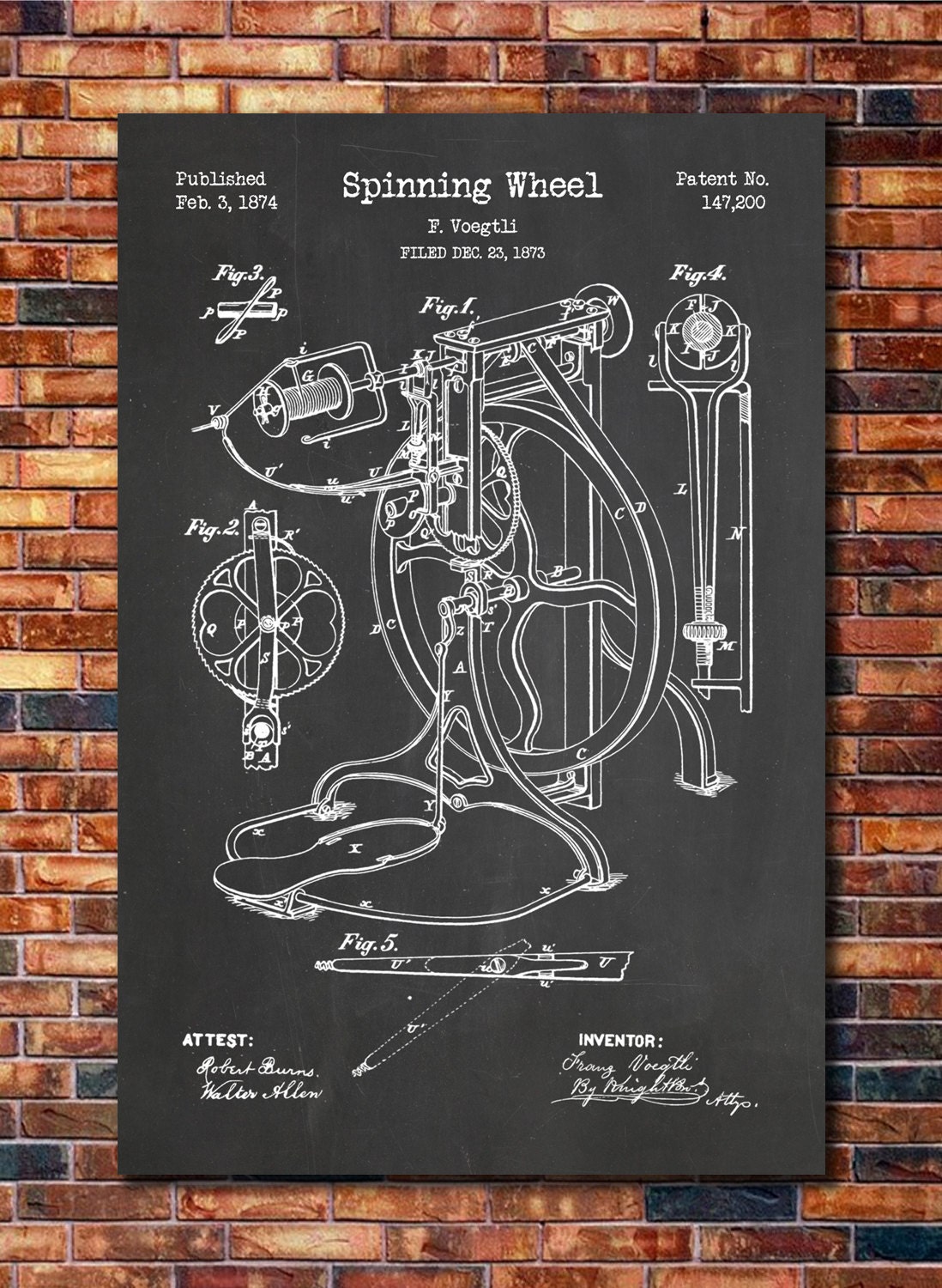 Spinning Wheel Patent Print Art 1874