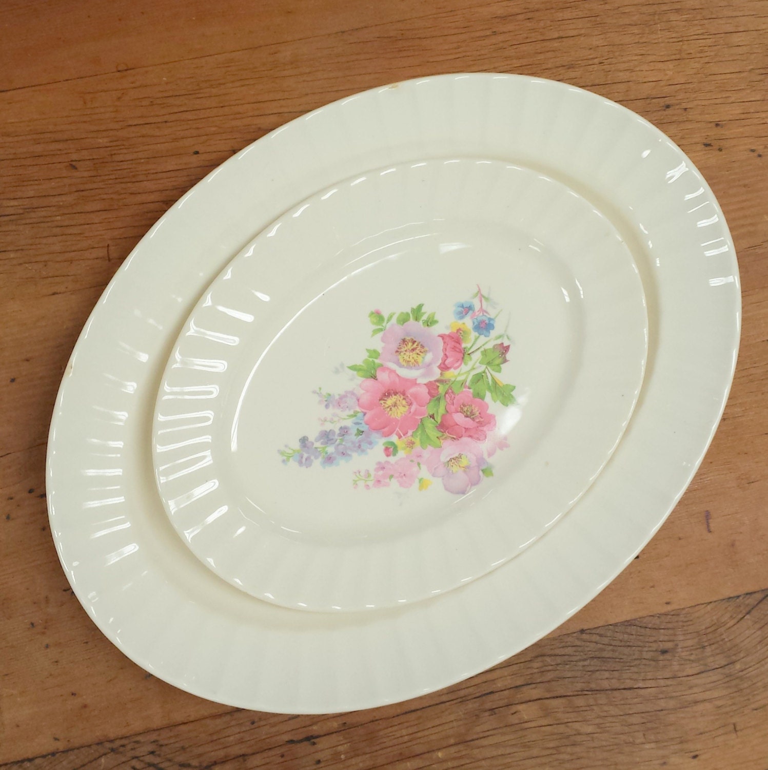 Edwin Knowles China Co. ~ 2 Oval Platters ~ light blue pink floral ...