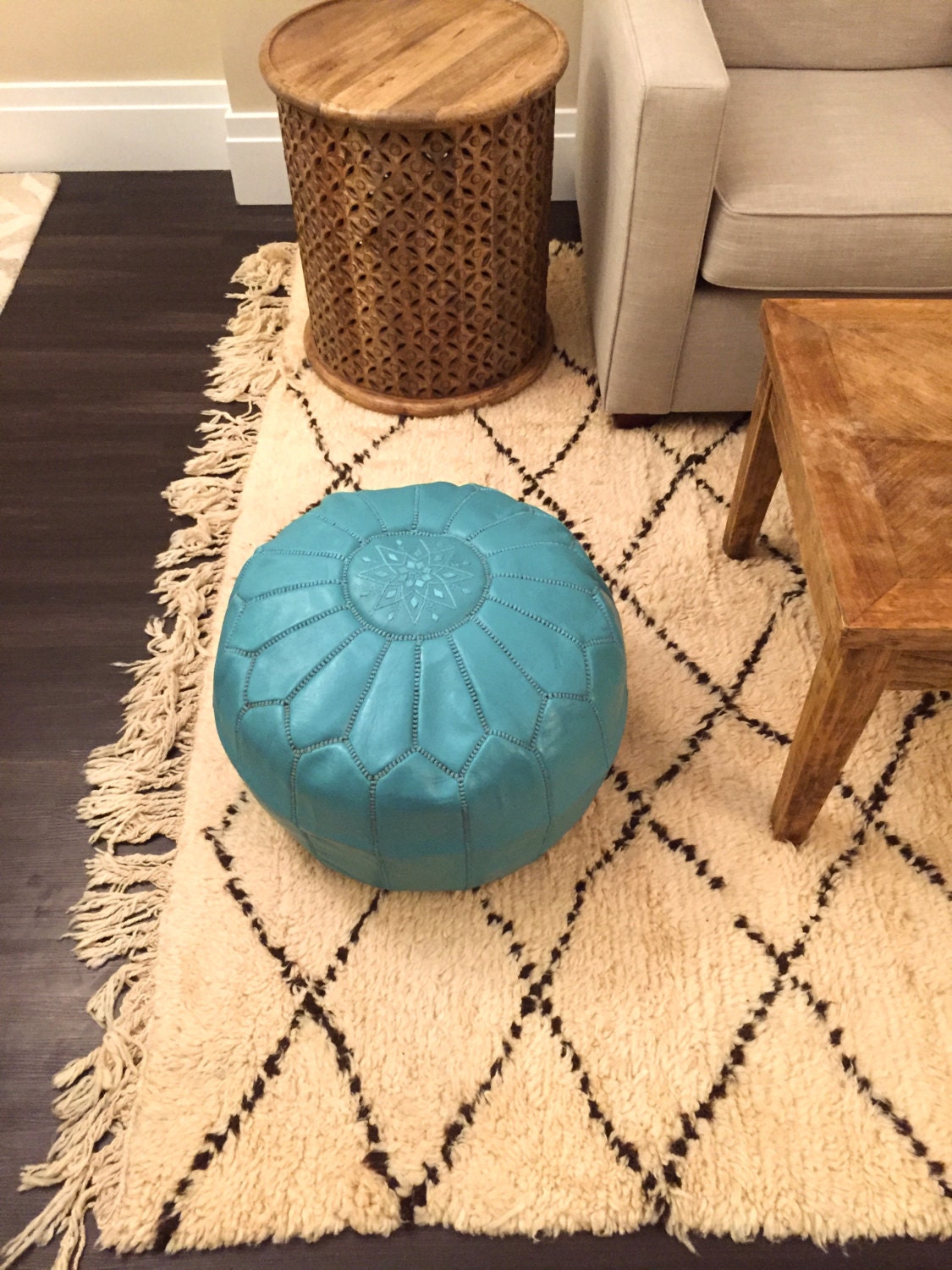 Authentic Large Leather Moroccan Pouf – Turquoise – Haute Juice