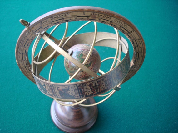 Vintage Zodiac Armillary Sphere Globe Antique Wooden Display