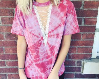 Items similar to Shoulder Lace Tee with Short Sleeve - Light Pink on Etsy