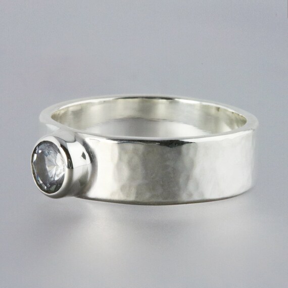 Wide Hammered Sterling Silver Ring with White Sapphire