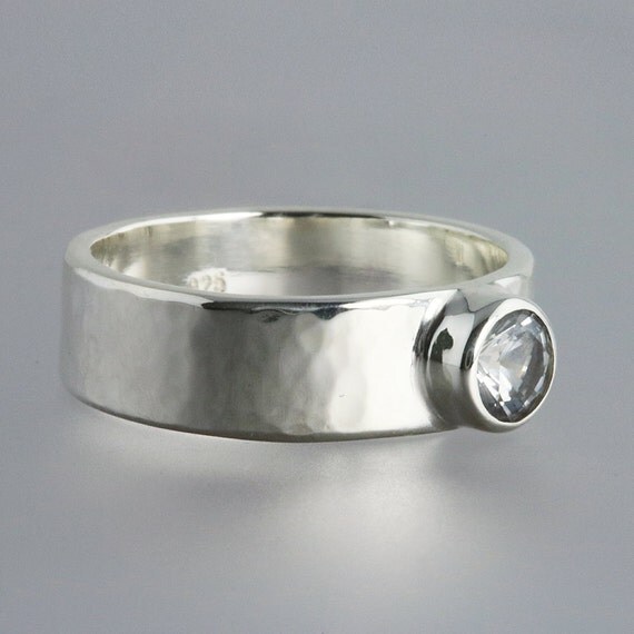 Wide Hammered Sterling Silver Ring with White Sapphire