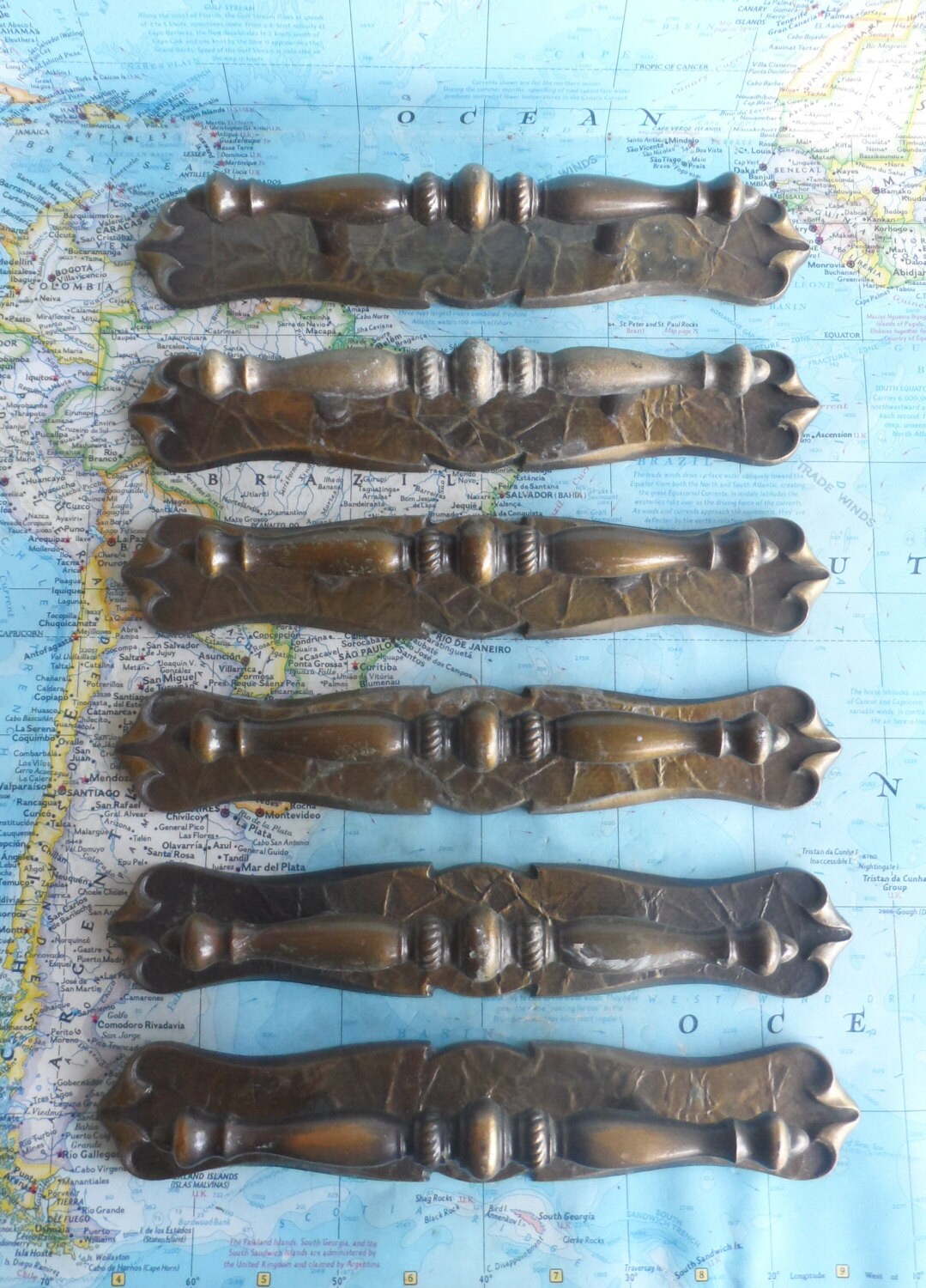 SALE! 6 slim vintage distressed brass metal handles w/textured ...