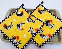 Chicken Potholders, Quilted Potholders, Handmade Potholders, Red Yellow ...