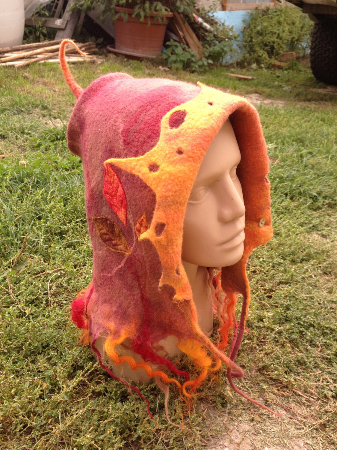 Handmade felt elf hood woodland pixie fairy leafy scarf hat