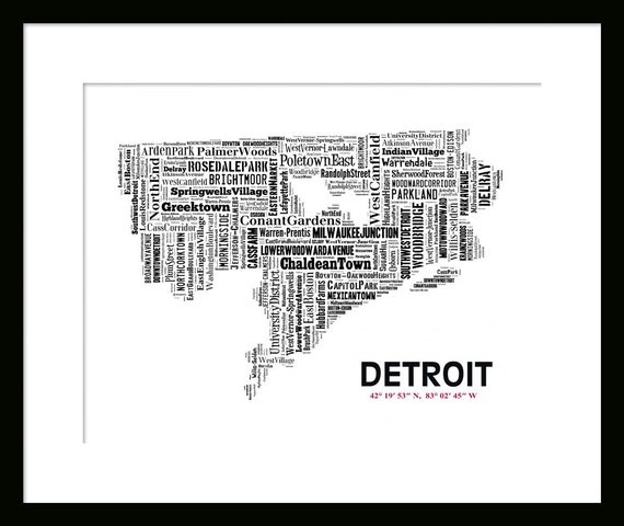 Detroit Map Typography Latitude Longitude Map Poster Print