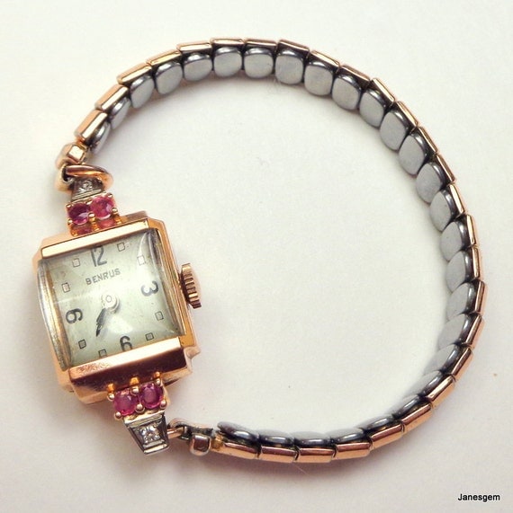 14k Rose Gold Genuine Ruby Diamond Watch1940's Ladies