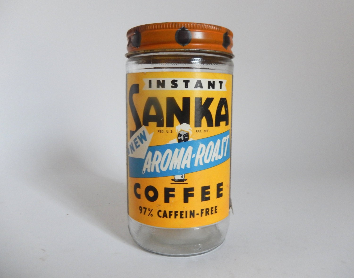 Vintage 1960's SANKA Instant Coffee Glass Jar with Metal