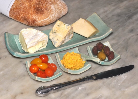 Tapas Sushi Tray and Three Square Condiment Dishes with Spoon