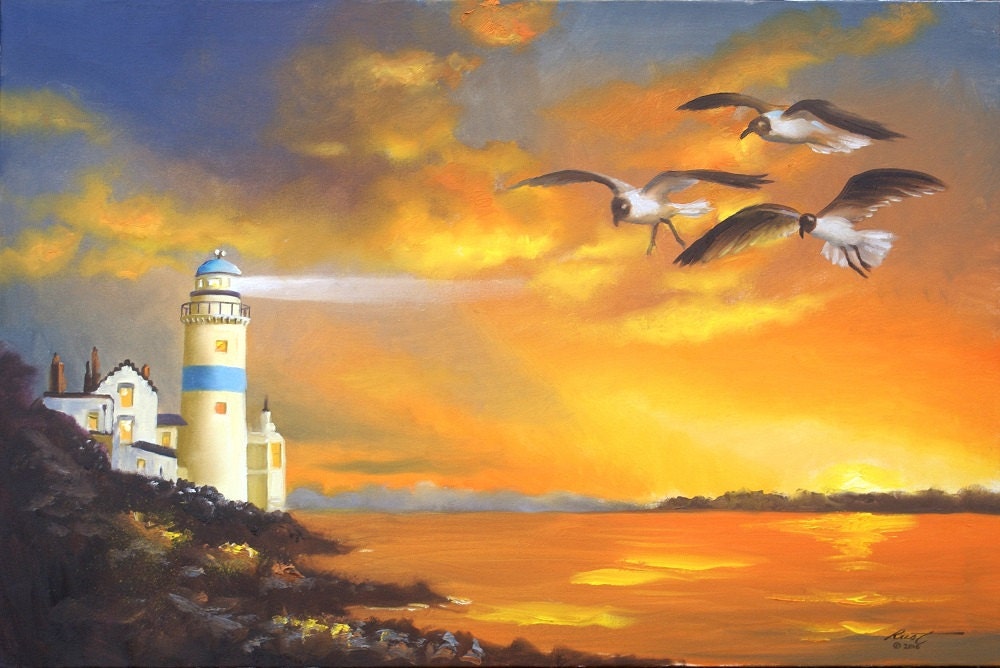 SEAGULLS painting by RUSTY RUST lighthouse sunset 24x36 oils