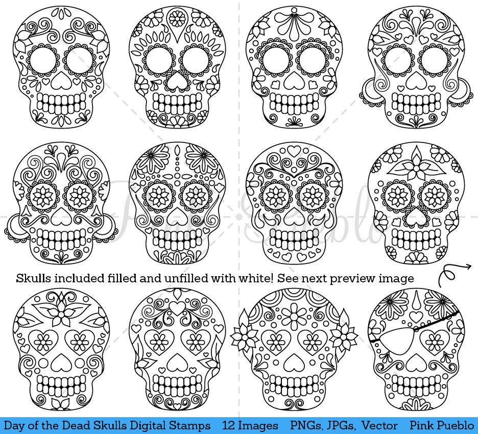 Day of the Dead Skull Clipart Clip Art Sugar Skulls Digital