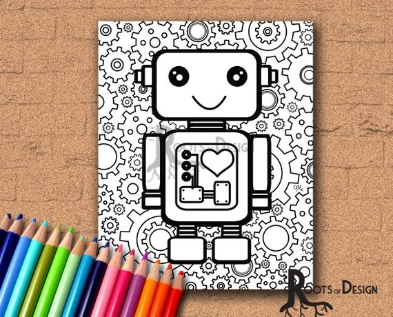 INSTANT DOWNLOAD Coloring Page Robot with gears doodle art