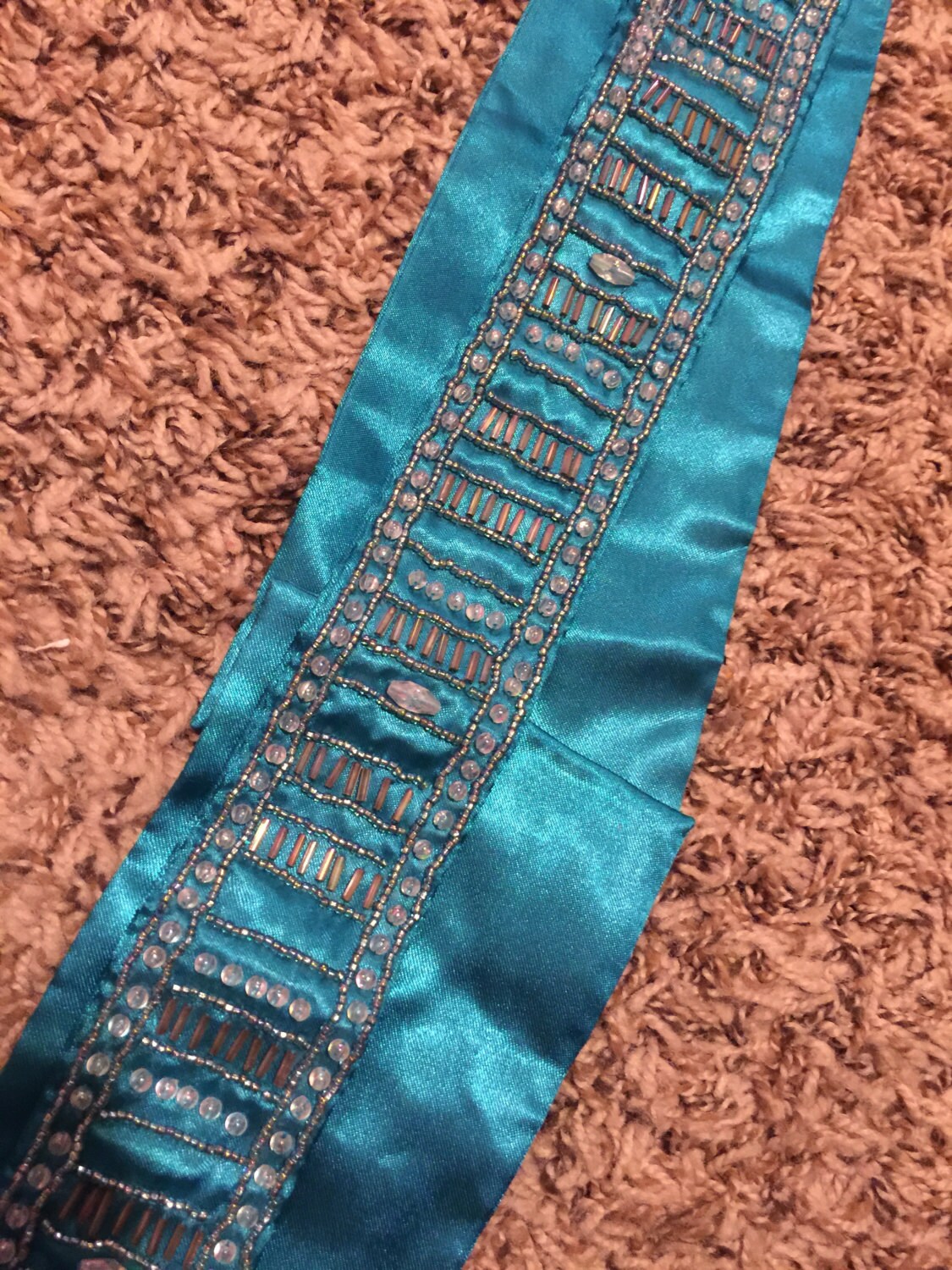 Satin sash beaded OSFA: almost 6′, turq. w/silver and white beads/no ...