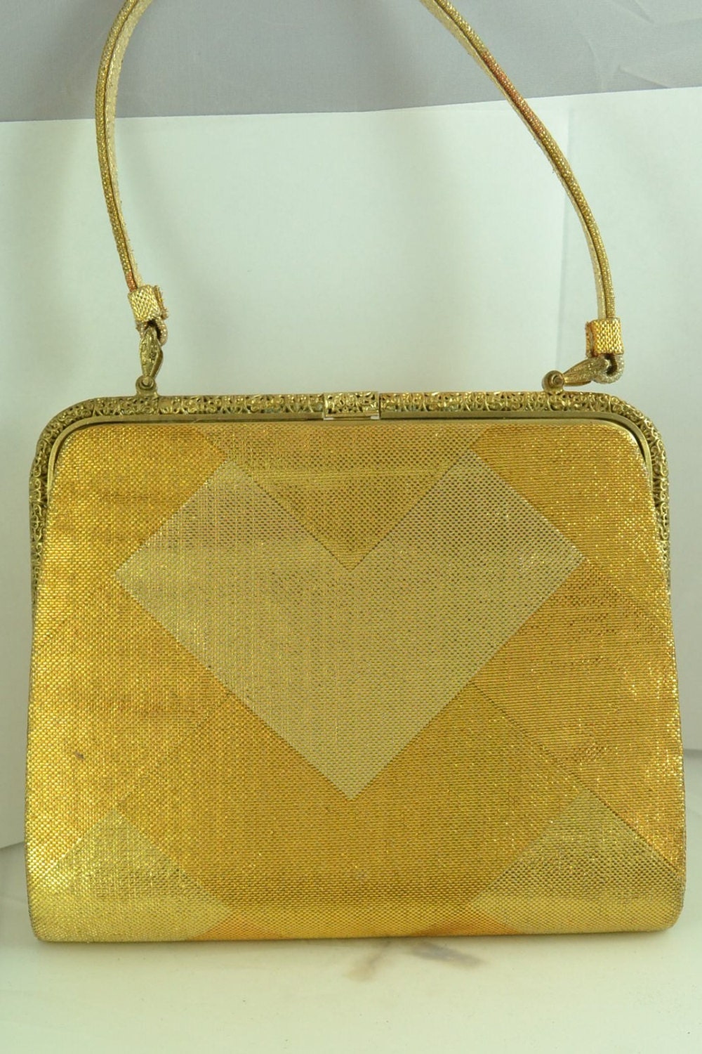 Vintage Gold Metallic Fabric Purse Top Handle Evening Handbag