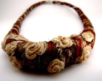 Colorful statement fiber necklace crochet felt handwoven