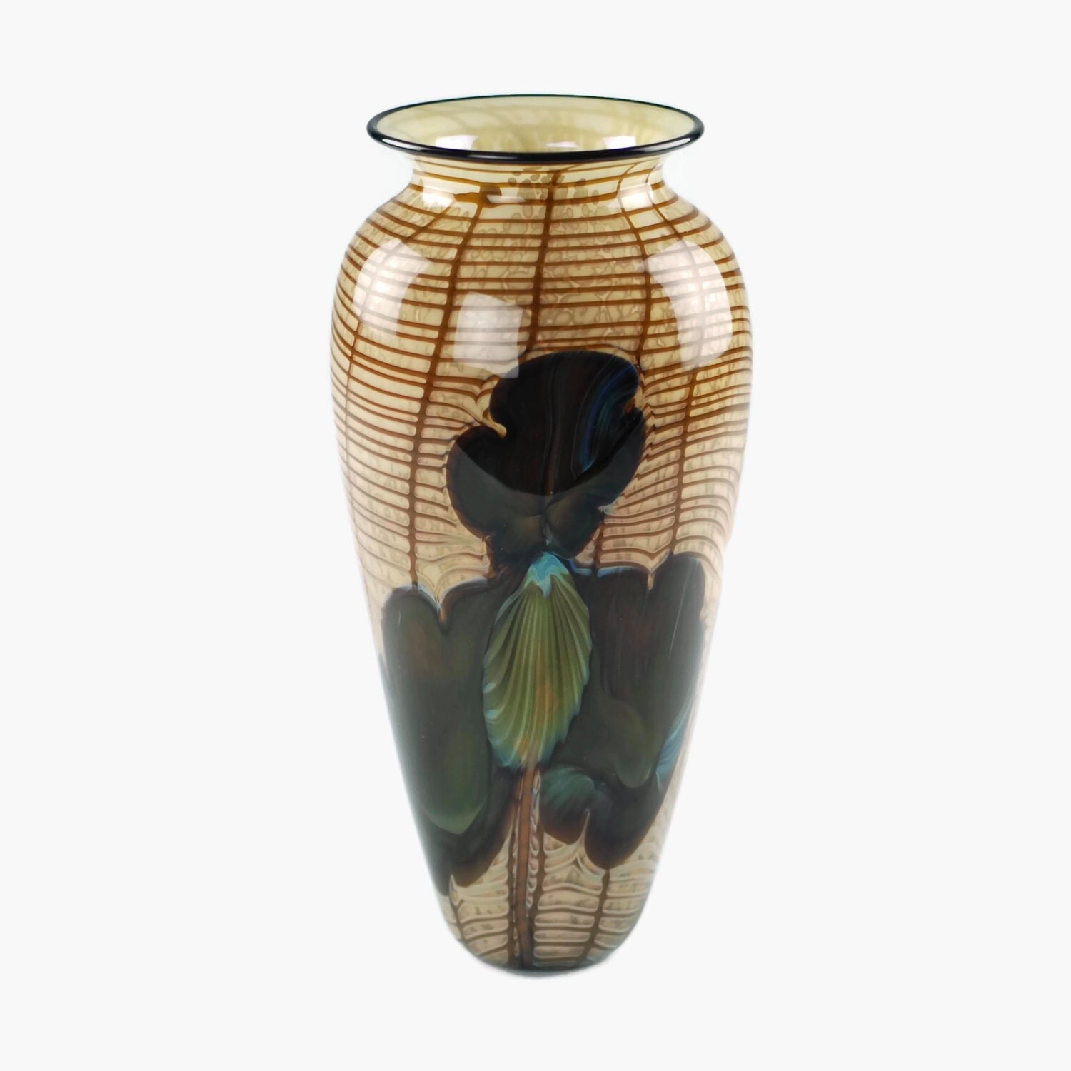 Vintage Rick Satava Art Glass Vase Iris on Gold Web
