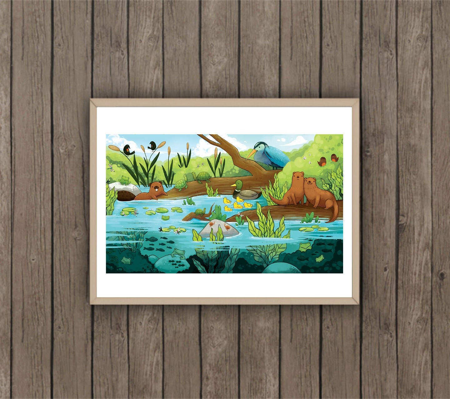 pond and river ecosystem print Children's room artwork
