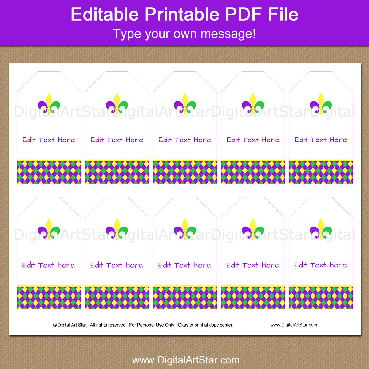 Printable Mardi Gras Tags Editable Mardi Gras Hang Tags