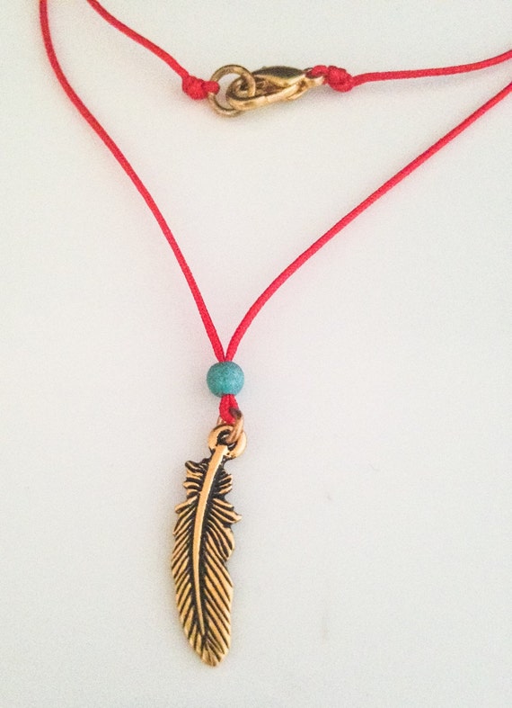 Gold Feather Red String Lucky Choker Necklace